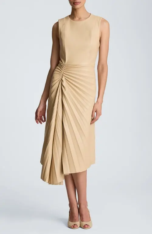 KENNETH COLE COLLECTION Sunburst Pleat Faux Leather Sleeveless Dress - Biscotti