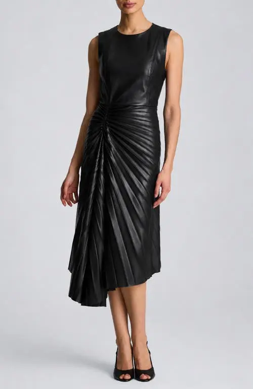KENNETH COLE COLLECTION Sunburst Pleat Faux Leather Sleeveless Dress - Black