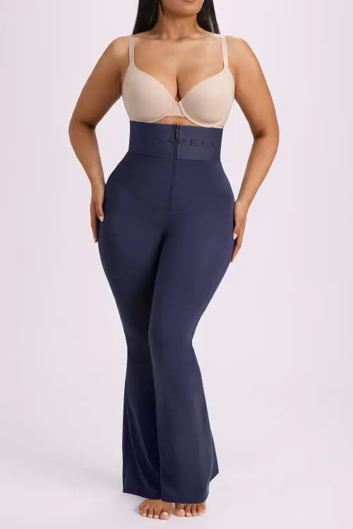 SHAPELLX High Waist Tummy Control Front Zip Butt Lift Sculpting Flare Leggings - Navy Blue