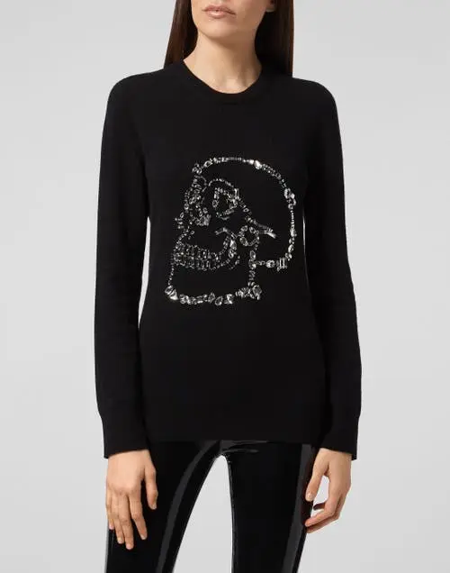 Philipp Plein Pullover Round Neck Ls Look At Me Skull Crystal - Black