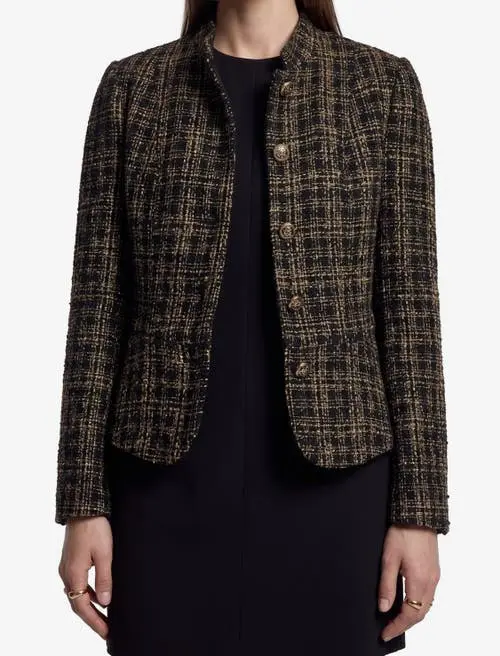 Koton Mandarin Collar Long Sleeve Plaid Tweed Jacket