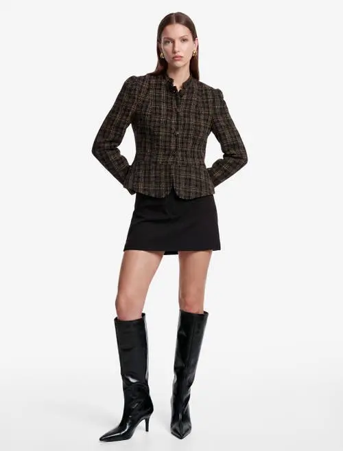 Koton Mandarin Collar Long Sleeve Plaid Tweed Jacket - Brown Check