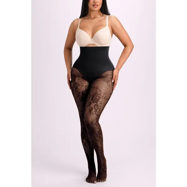 SHAPELLX High Waist Floral Lace Tummy Smoothing Sheer Shaping Tights - Black