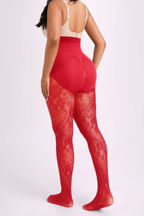 SHAPELLX High Waist Floral Lace Tummy Smoothing Sheer Shaping Tights - Red