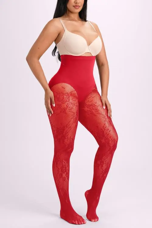 SHAPELLX High Waist Floral Lace Tummy Smoothing Sheer Shaping Tights - Red