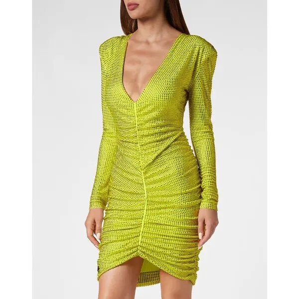 Philipp Plein Padded Shoulder Mini Dress Ls Fluo Strass
