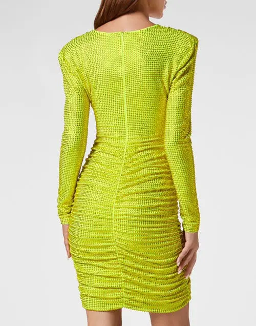 Philipp Plein Padded Shoulder Mini Dress Ls Fluo Strass