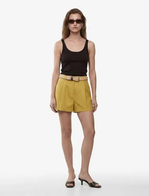 Koton Linen Blend High Rise Pleated Shorts With Belt