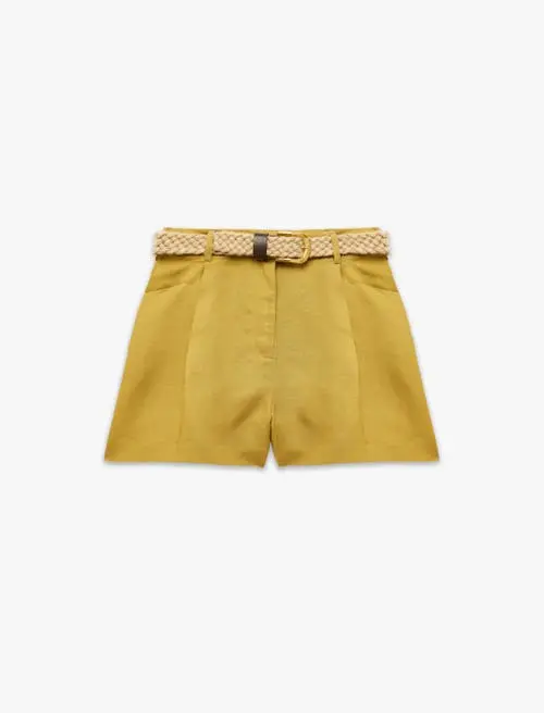Koton Linen Blend High Rise Pleated Shorts With Belt