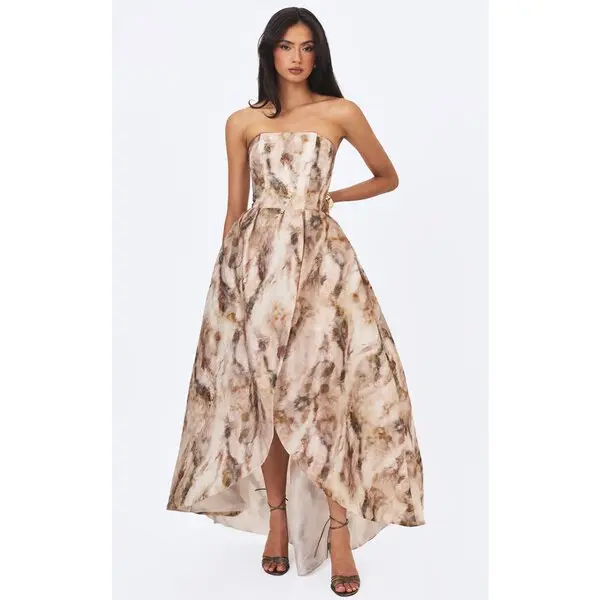 MISS CIRCLE NEW YORK Micaela Watercolor Jacquard Chiffon Dipped Hem Gown - Camel