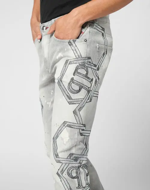 Philipp Plein Denim Super Straight Cut Trousers Strass Chains