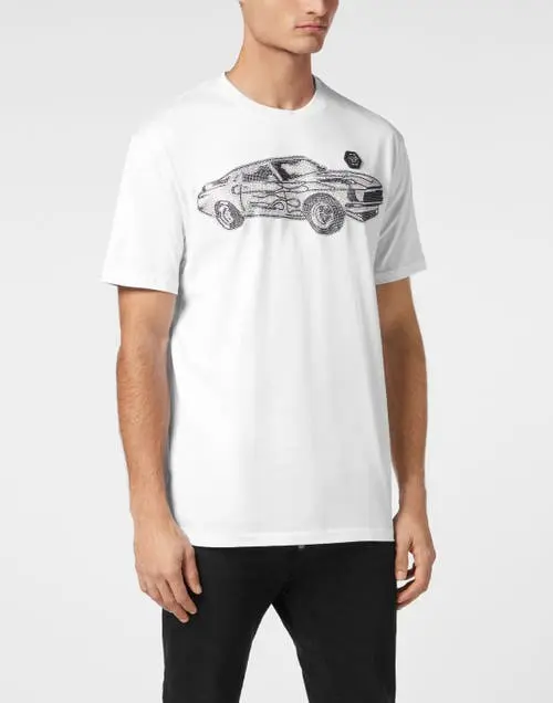 Philipp Plein Jersey T-shirt Round Neck Ss Strass Cars Racing - White