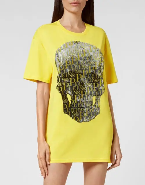 Philipp Plein T-shirt Round Neck Ss Skull And Plein With Crystals