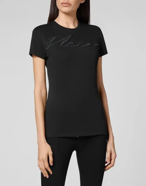 Philipp Plein Satin T-shirt Round Neck Ss Embroidery Signature - Black
