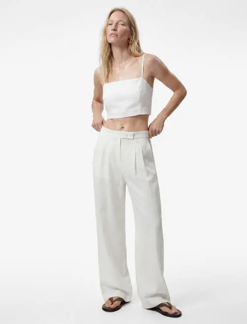 Koton Linen Blend Mid Rise Tailored Wide Leg Pants