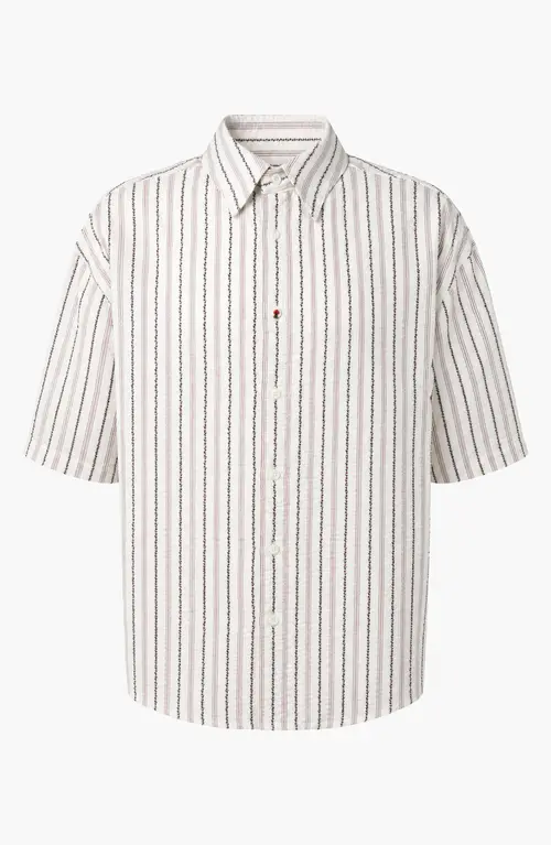 MODENAIRE Striped Embroidered Short Sleeve Button Up Shirt