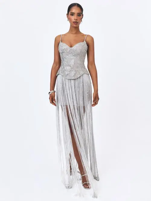 MISS CIRCLE NEW YORK Olisa Beaded Peplum Tassel Maxi Dress