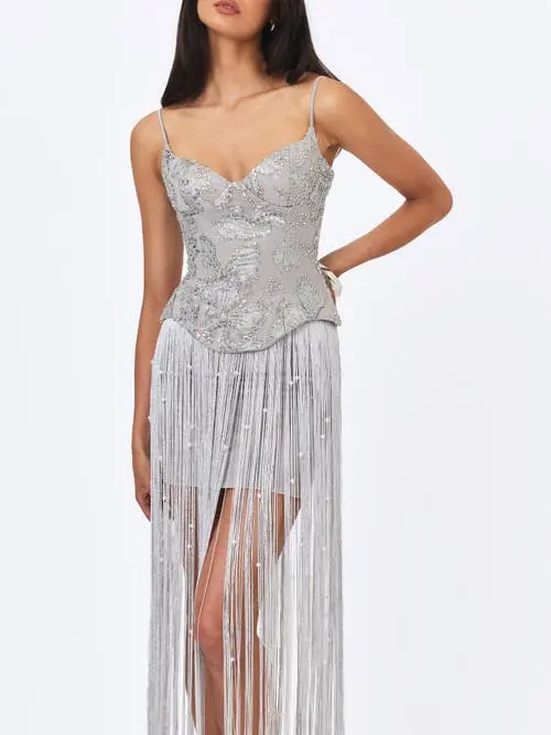 MISS CIRCLE NEW YORK Olisa Beaded Peplum Tassel Maxi Dress