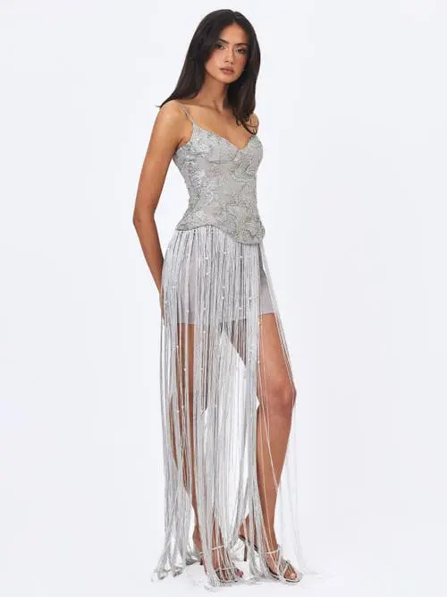 MISS CIRCLE NEW YORK Olisa Beaded Peplum Tassel Maxi Dress