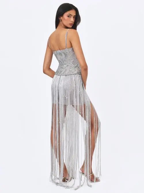 MISS CIRCLE NEW YORK Olisa Beaded Peplum Tassel Maxi Dress