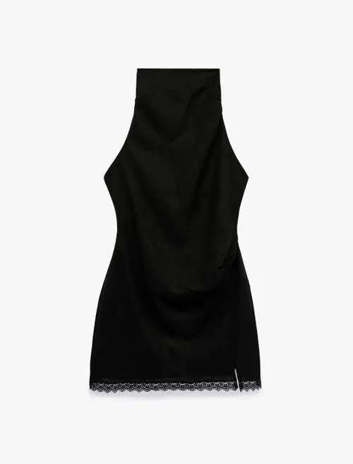 Koton Linen Blend Sleeveless Funnel Neck Satin Mini Dress With Lace Detail - Black