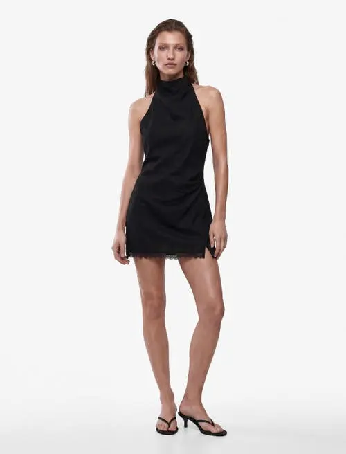 Koton Linen Blend Sleeveless Funnel Neck Satin Mini Dress With Lace Detail - Black