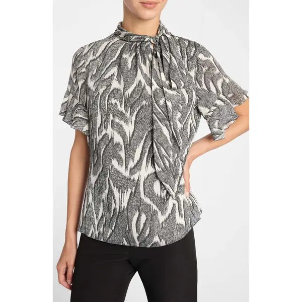 Santorelli Athena Tie Neck Blouse With Short Flutter-sleeves
