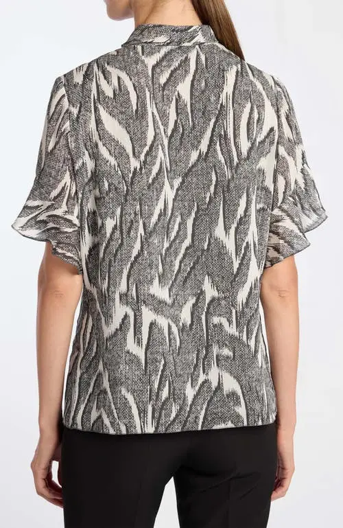 Santorelli Athena Tie Neck Blouse With Short Flutter-sleeves