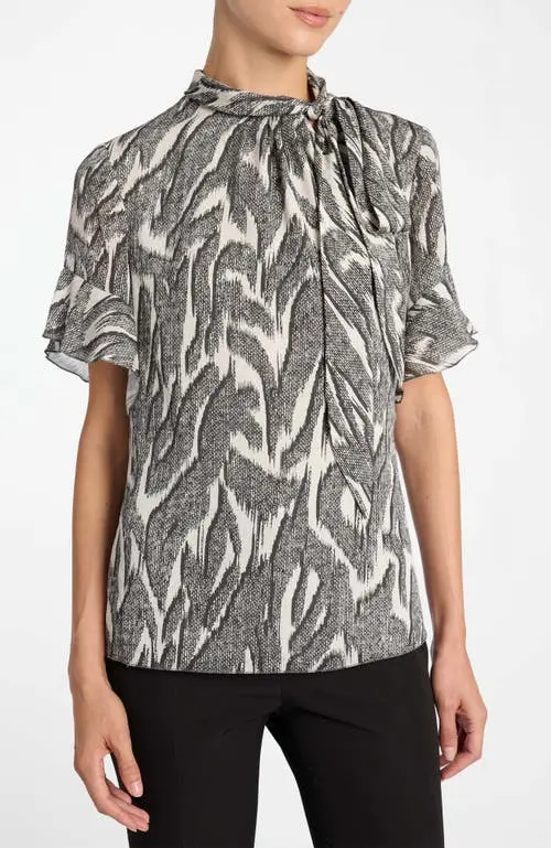 Santorelli Athena Tie Neck Blouse With Short Flutter-sleeves