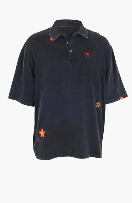 MODENAIRE Relaxed Fit Floral Embroidered Polo Shirt With Washed Finish