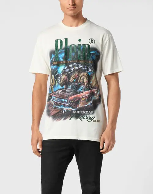 Philipp Plein Jersey T-shirt Round Neck Ss Racing Club - Offwhite