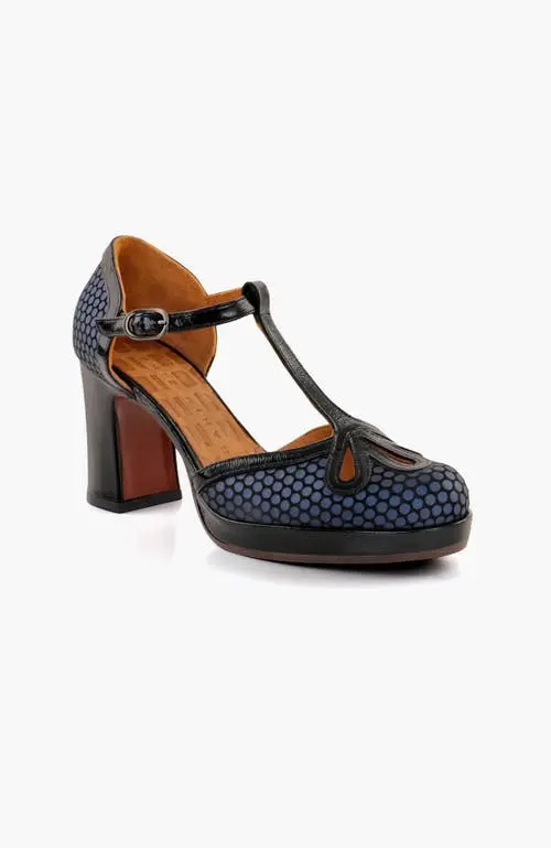 Chie Mihara Suede And Patent Print Buckle Platform Pump