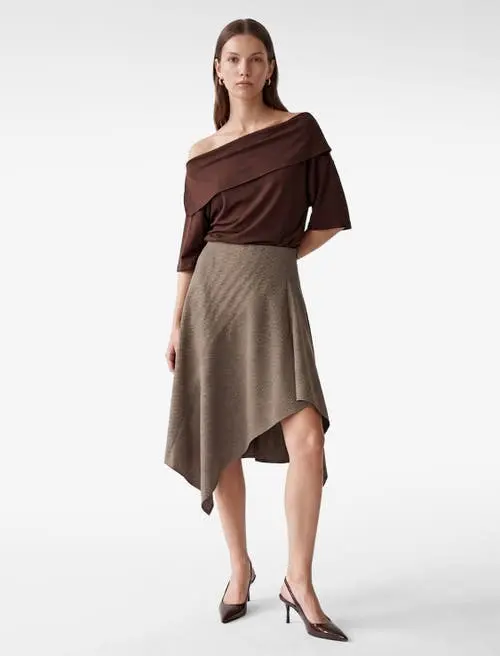 Koton Houndstooth Asymmetric Handkerchief Hem Midi Skirt - Brown Check