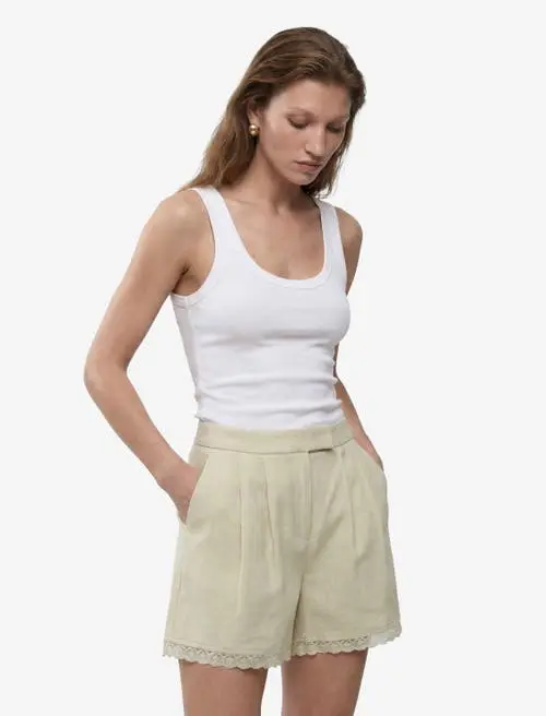 Koton Linen Blend Mid Rise Pocket Detail Shorts With Lace Trim