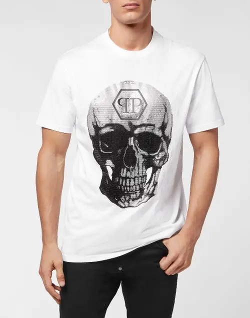 Philipp Plein T-shirt Round Neck Ss Skull And Plein With Crystals