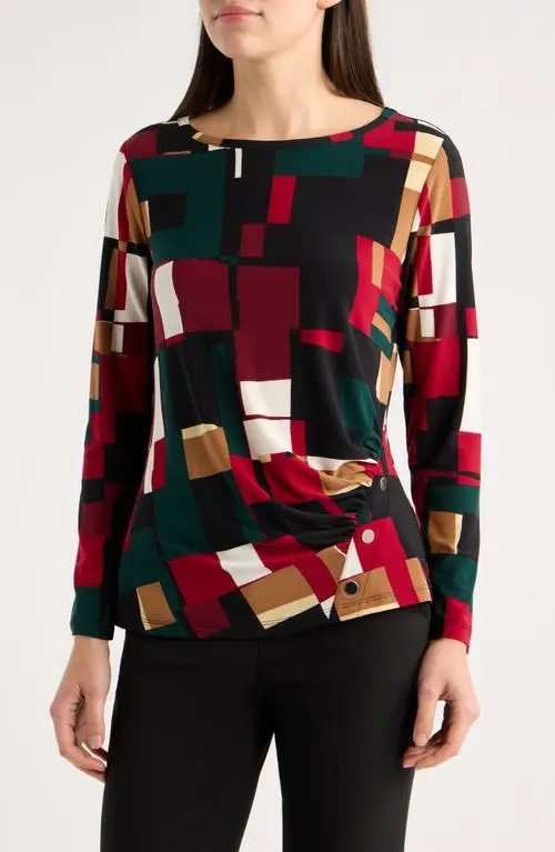 Anne Klein Geometric Print Ruched Long Sleeve Top - Black Multi