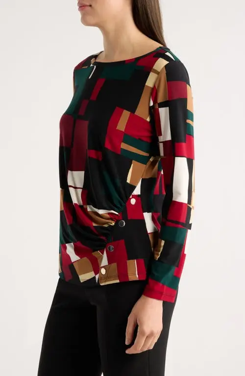 Anne Klein Geometric Print Ruched Long Sleeve Top