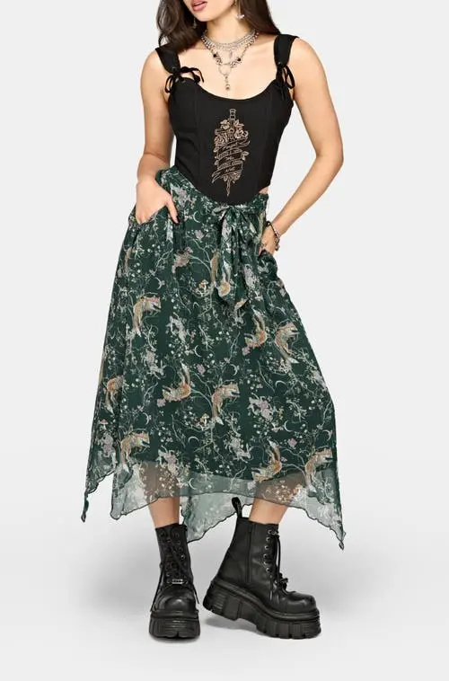 DISTURBIA Renard Print Chiffon Hanky Midi Skirt