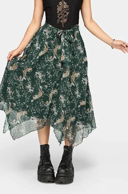 DISTURBIA Renard Print Chiffon Hanky Midi Skirt