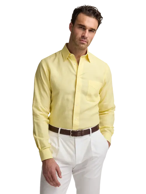 PAUL FREDRICK Linen Point Collar Poplin Slim Contrast Trim Button Cuff Long Sleeve Shirt - Light Yellow
