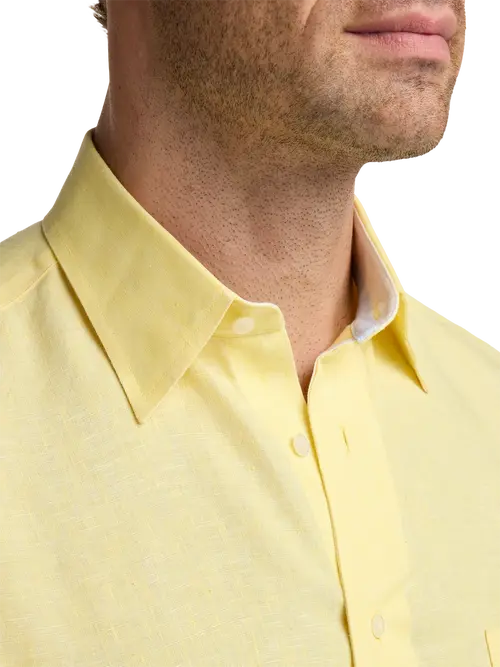 PAUL FREDRICK Linen Point Collar Poplin Slim Contrast Trim Button Cuff Long Sleeve Shirt - Light Yellow