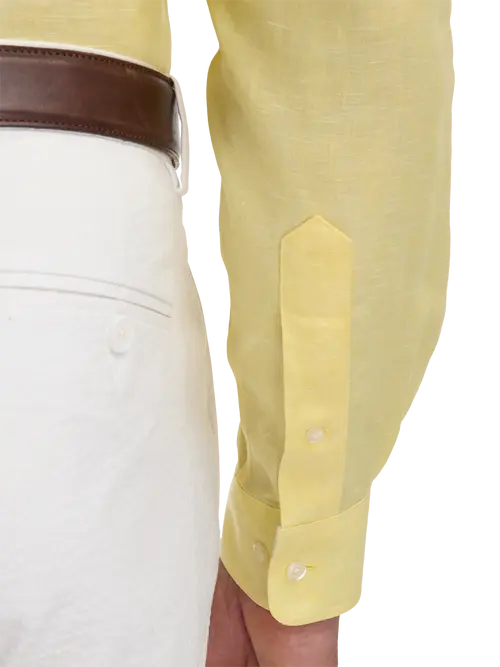 PAUL FREDRICK Linen Point Collar Poplin Slim Contrast Trim Button Cuff Long Sleeve Shirt - Light Yellow