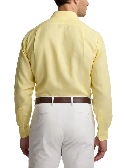 PAUL FREDRICK Linen Point Collar Poplin Slim Contrast Trim Button Cuff Long Sleeve Shirt - Light Yellow