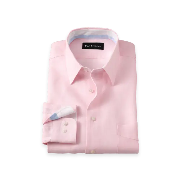 PAUL FREDRICK Linen Point Collar Poplin Slim Contrast Trim Button Cuff Long Sleeve Shirt - Pink