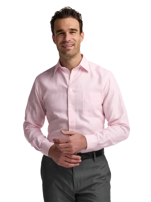 PAUL FREDRICK Linen Point Collar Poplin Slim Contrast Trim Button Cuff Long Sleeve Shirt