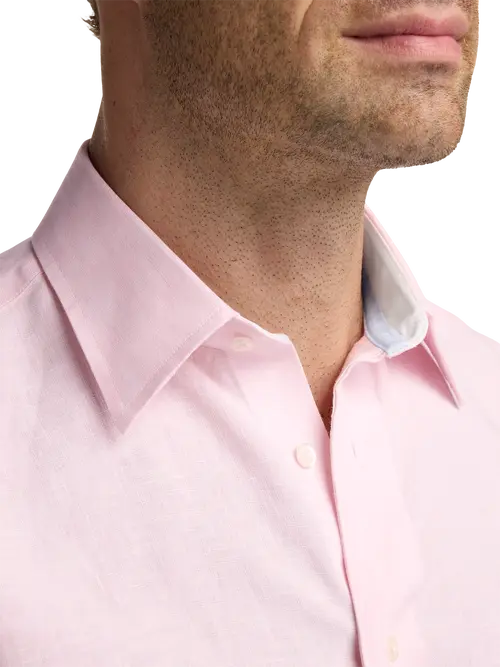 PAUL FREDRICK Linen Point Collar Poplin Slim Contrast Trim Button Cuff Long Sleeve Shirt