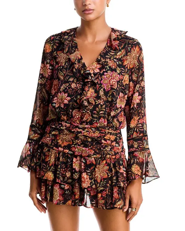 Aqua Floral Print Ruffled Long Sleeve Top Exclusive - Black Multi