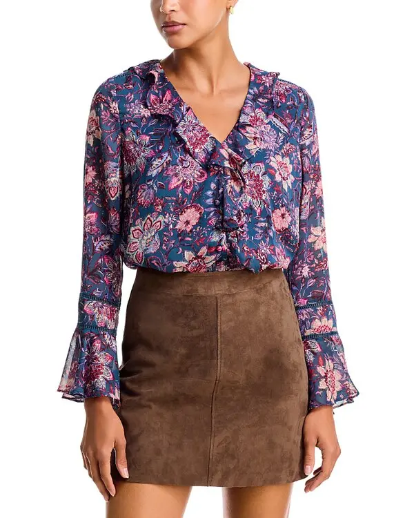 Aqua Floral Print Ruffled Long Sleeve Top Exclusive - Blue Multi