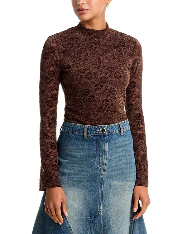 Aqua Velvet Lace Long Sleeve Top Exclusive - Brown
