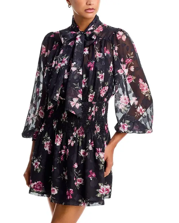 Aqua Long Sleeve Floral Burnout Mini Dress Exclusive - Black Multi